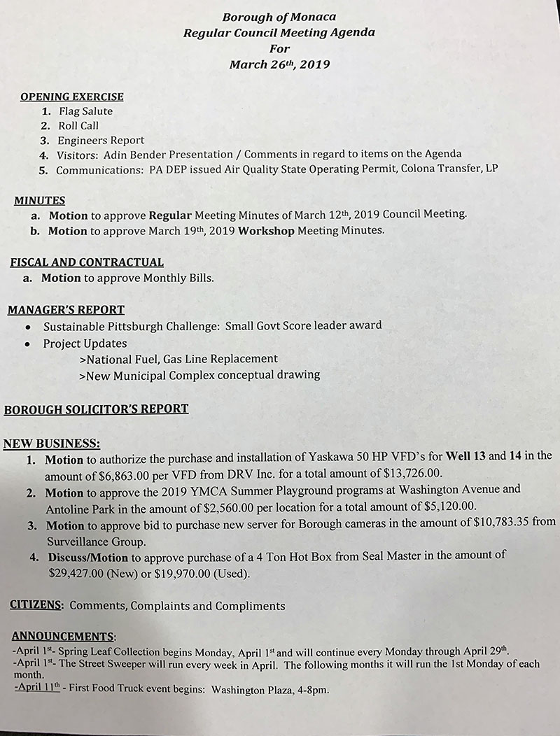 WATCH: Monaca Borough Council Meeting For 3-26-2019 - BeaverCountian.com
